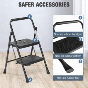 Non-Slip Step Ladder, Metal Foldable Step Stool with Wide Anti-Slip Pedal, Folding Step Stool for Home and Office (2 Step)