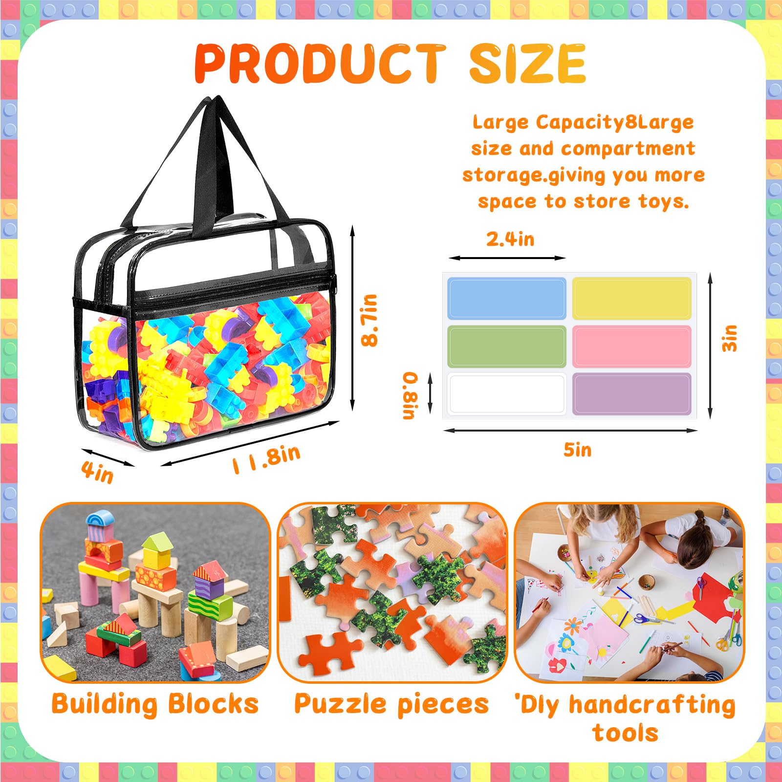 6 Packs Large Toy Storage Bags with Front Pocket, Dual Zippers and Portable Handheld Design, Clear Waterproof Toy Organizer Bags with Labels, Board Game Storage for Building Blocks, Puzzle