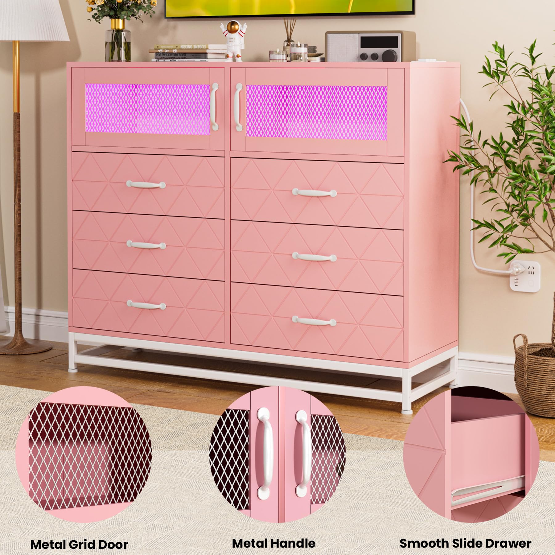 GarveeHome 6 Drawer Dresser with 2 Doors, Dresser for Bedroom with LED Lights and Charging Station, Wood Dresser Modern Chest of Drawers for Bedroom, Entryway, Hallway, Pink