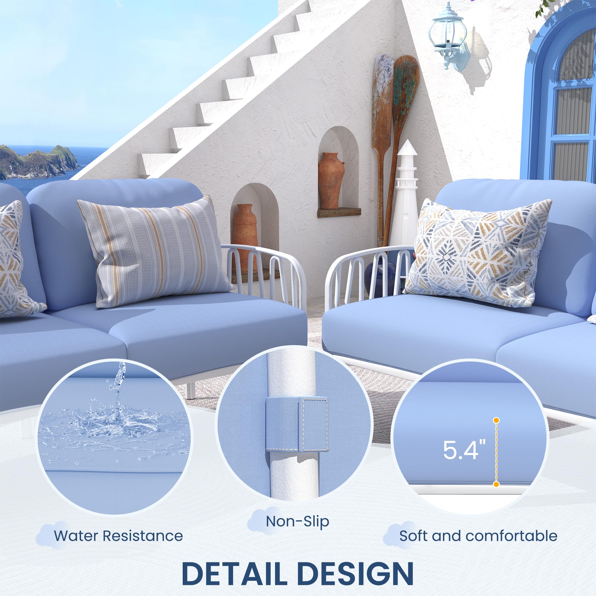 UDPATIO Resin Oversized Patio Furniture Set, Modular DIY Outdoor Sectional Sofa Set, All Weather UV Patio Conversation Set with 5.4'' Thick Cushion for Backyard, Deck, 8pcs Blue White