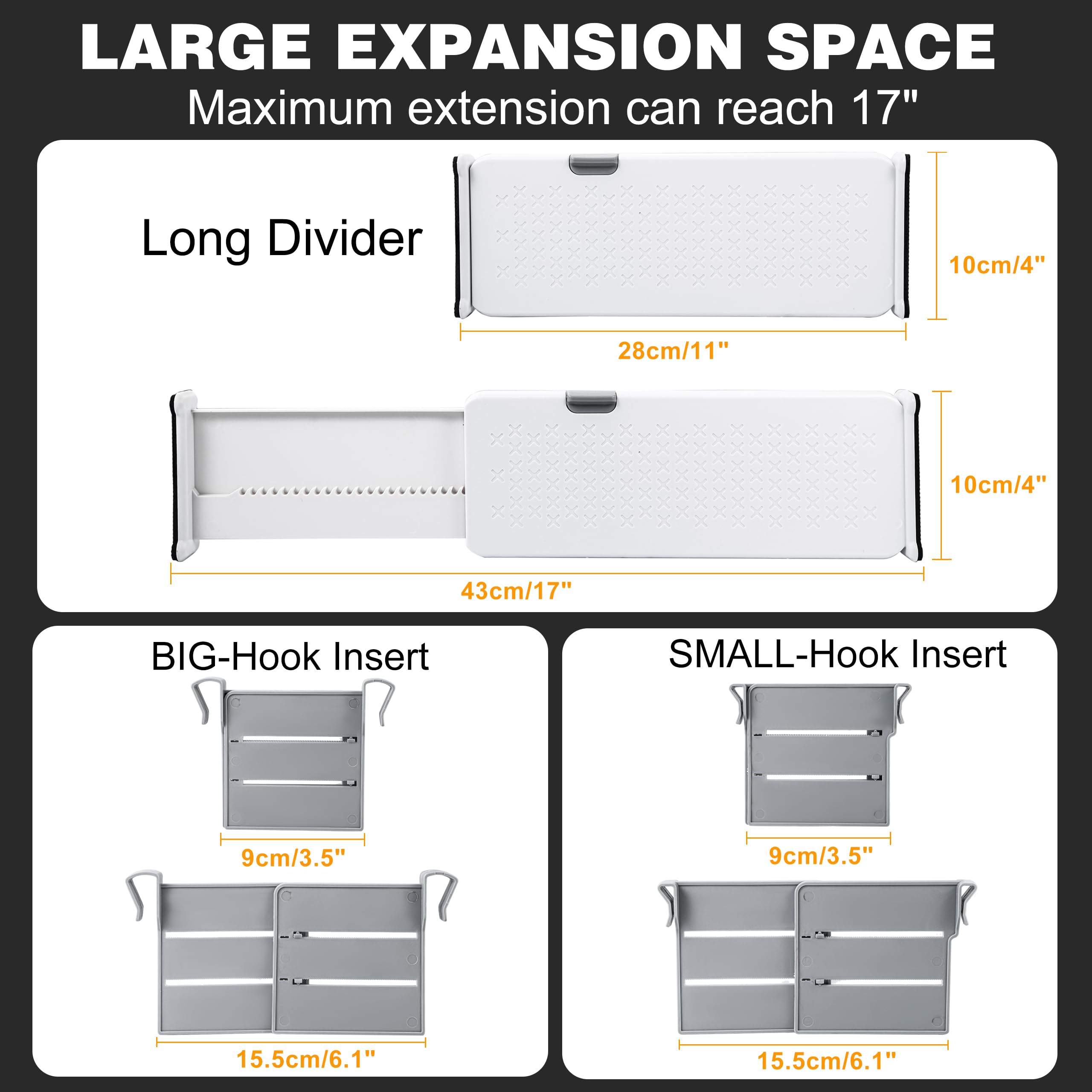 HsmQuvrent 5Pack Adjustable Drawer Dividers with Inserts 4" high Drawer Organizer for Clothes, Expandable Dresser Separators in Bedroom Bathroom Kitchen Fridge Office and Storage(11-17")