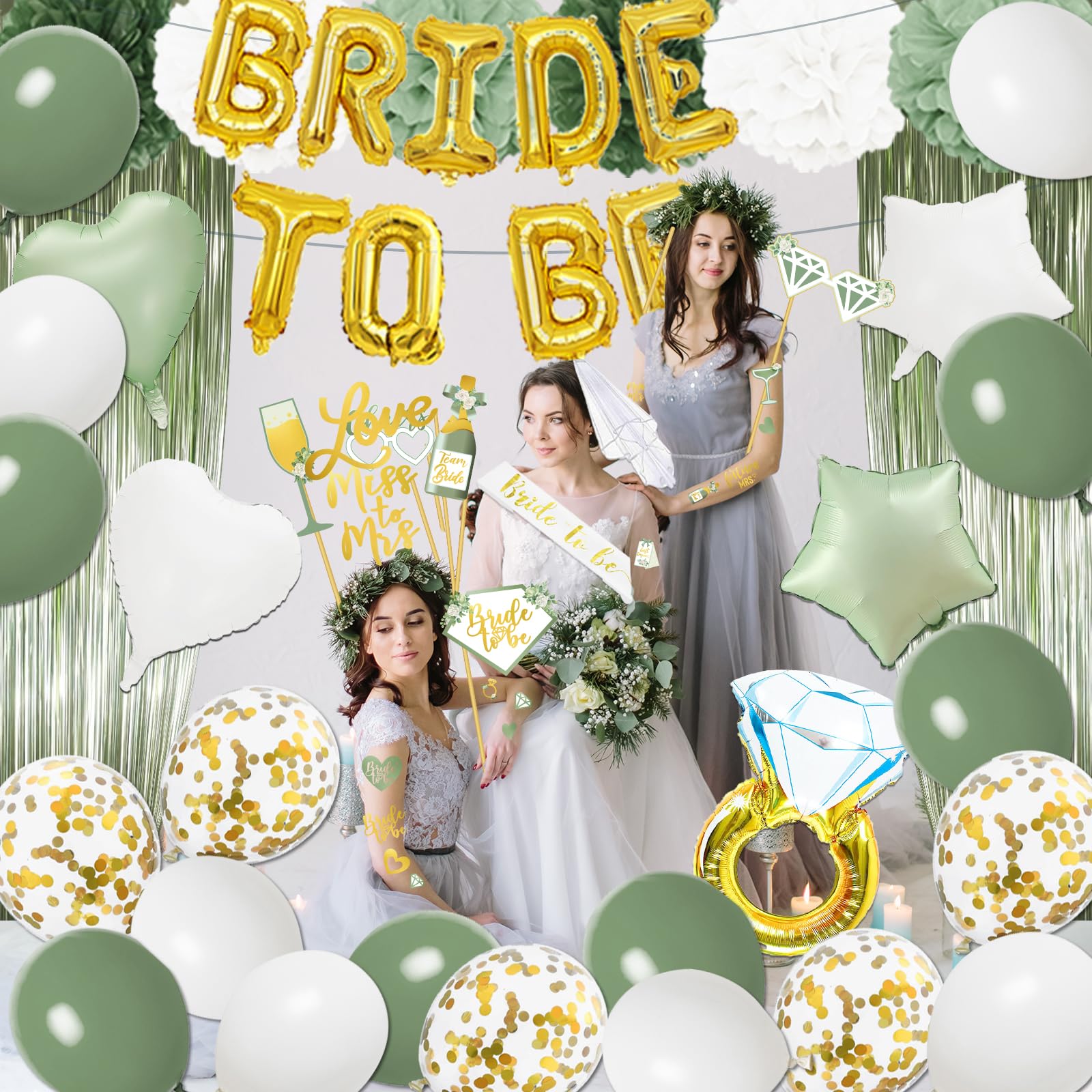 Sage Green Bachelorette Party Decorations Bridal Shower Decorations Bride to Be Balloons,Sash Fringe Curtain,Photo Booth Props for Wedding Engagement Party Favors Bridal Shower decor