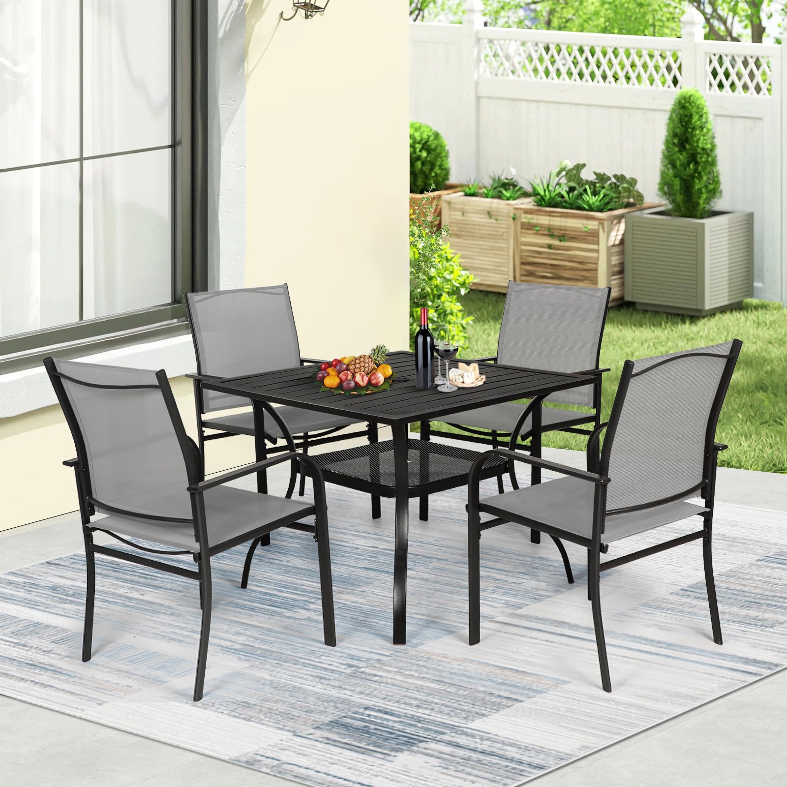 Incbruce 5 Pieces Patio Dining Set, Outdoor Dining Set of 4 Textilene Chairs and Rectangle Table with Umbrella Hole for Backyard, Garden, and Poolside (Grey)