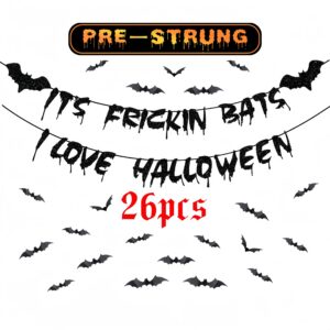 bats halloween decoration, it's frickin bats i love halloween banner - fufuddz 26pcs 3d bat wall decor stickers decals indoor outdoor cute spooky garland party supplies for mantle home