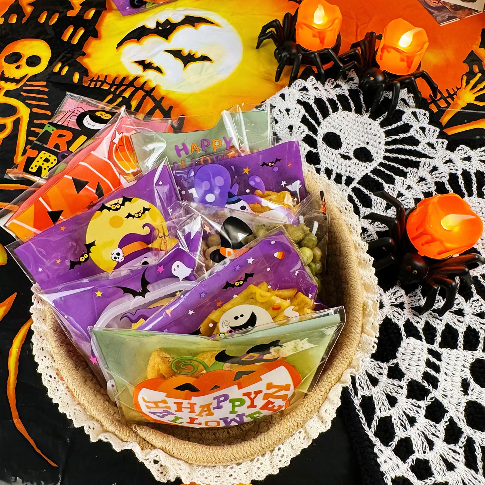 SHBLOMK 450PCS Halloween Cellophane Candy Bags, 9 Styles Self-adhesive Trick Candy Bags, Goodie Cookie Gift Bags for Halloween Party Favors Wrapping