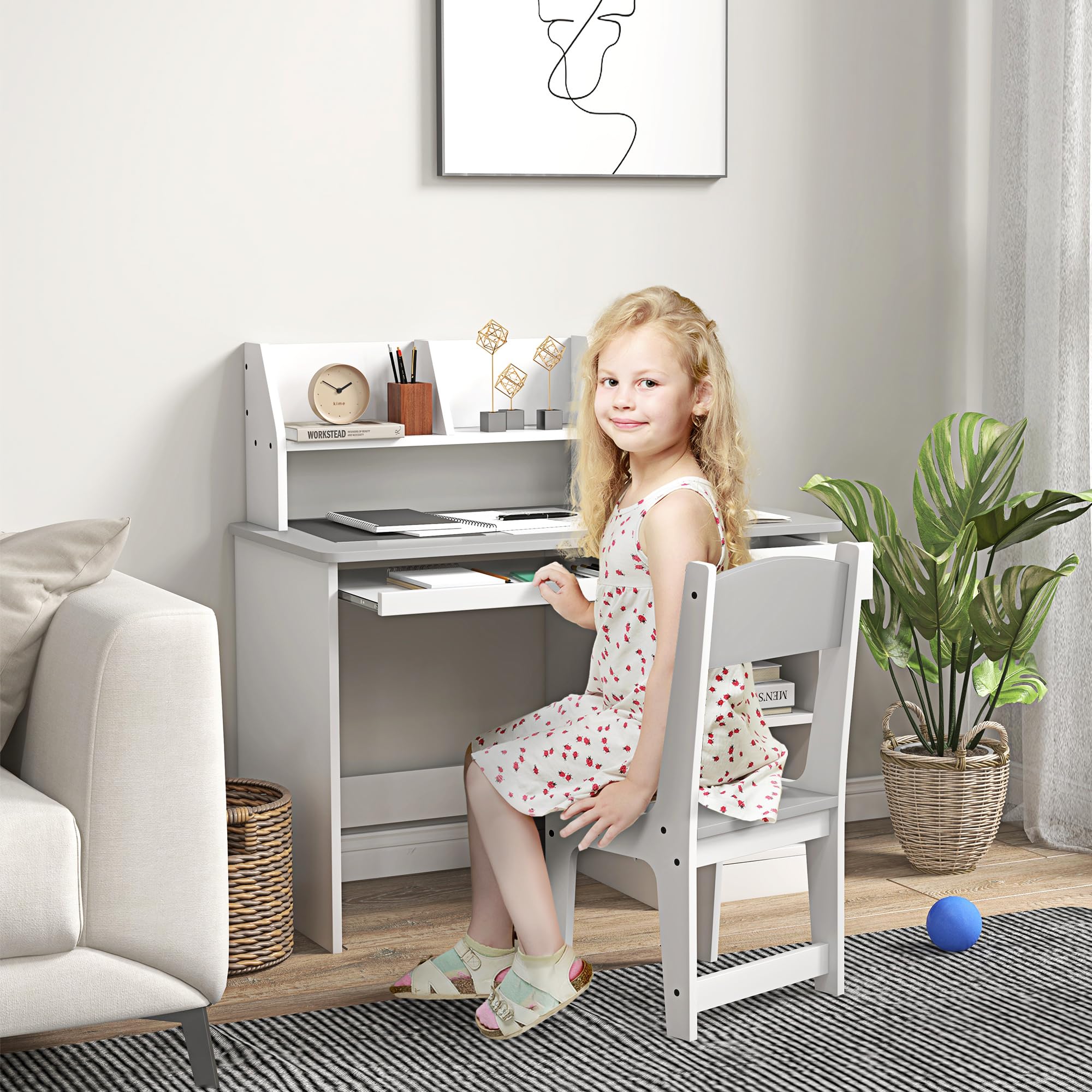 Qaba Kids Desk and Chair Set with Storage, Study Desk with Chair for Children 5-8 Years Old, Gray