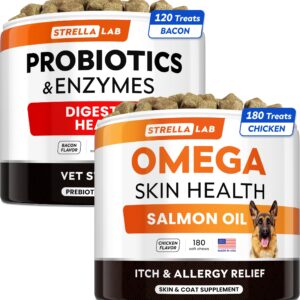 Omega 3 + Vet Strength Dog Probiotics Bundle - Allergy &Itch Relief Skin & Coat Supplement - 1 Billion CFU + Digestive Enzymes - Diarrhea, Gas, Constipation, Upset Stomach Relief - 300ct - Made in USA