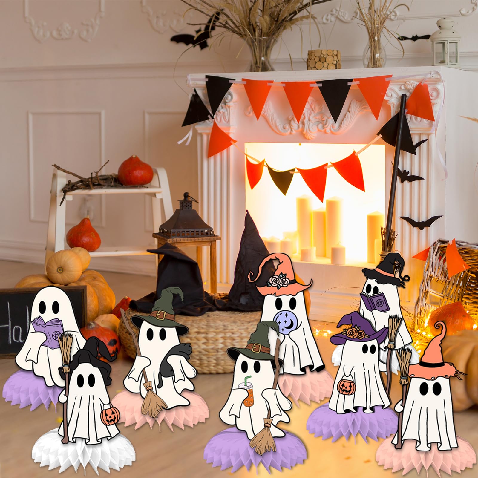 Halloween Ghost Honeycomb Centerpiece,9Pcs Cute Ghost Table Decorations Pink Spooky Pumpkin Broom Signs Table Centerpieces for Halloween Ghost Decor Party Baby Shower Indoor