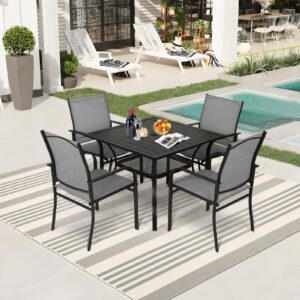 Incbruce 5 Pieces Patio Dining Set, Outdoor Dining Set of 4 Textilene Chairs and Rectangle Table with Umbrella Hole for Backyard, Garden, and Poolside (Grey)