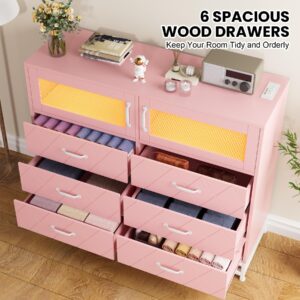 GarveeHome 6 Drawer Dresser with 2 Doors, Dresser for Bedroom with LED Lights and Charging Station, Wood Dresser Modern Chest of Drawers for Bedroom, Entryway, Hallway, Pink