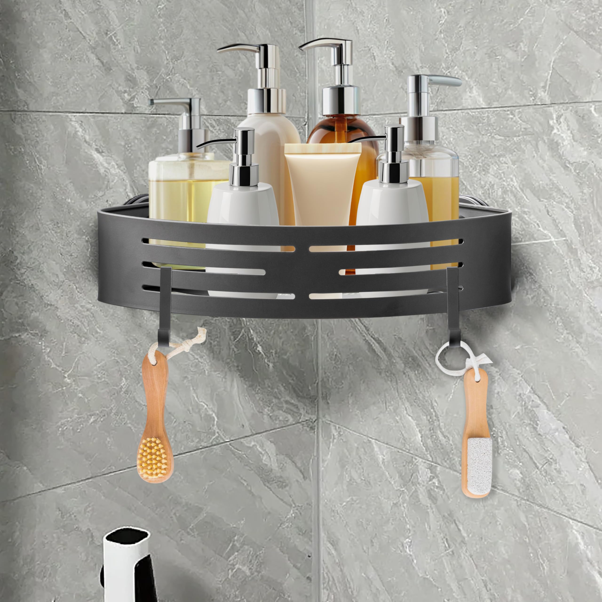 GQIRIL Corner Shower Caddy Shelves - Suction Cup Shower Organizer Shelf with 2 Hooks, Adhesive Bathroom Wall Hanging Caddies Storage, No Drilling Rustproof Stainless Steel Caddy for Bath Inside Shower