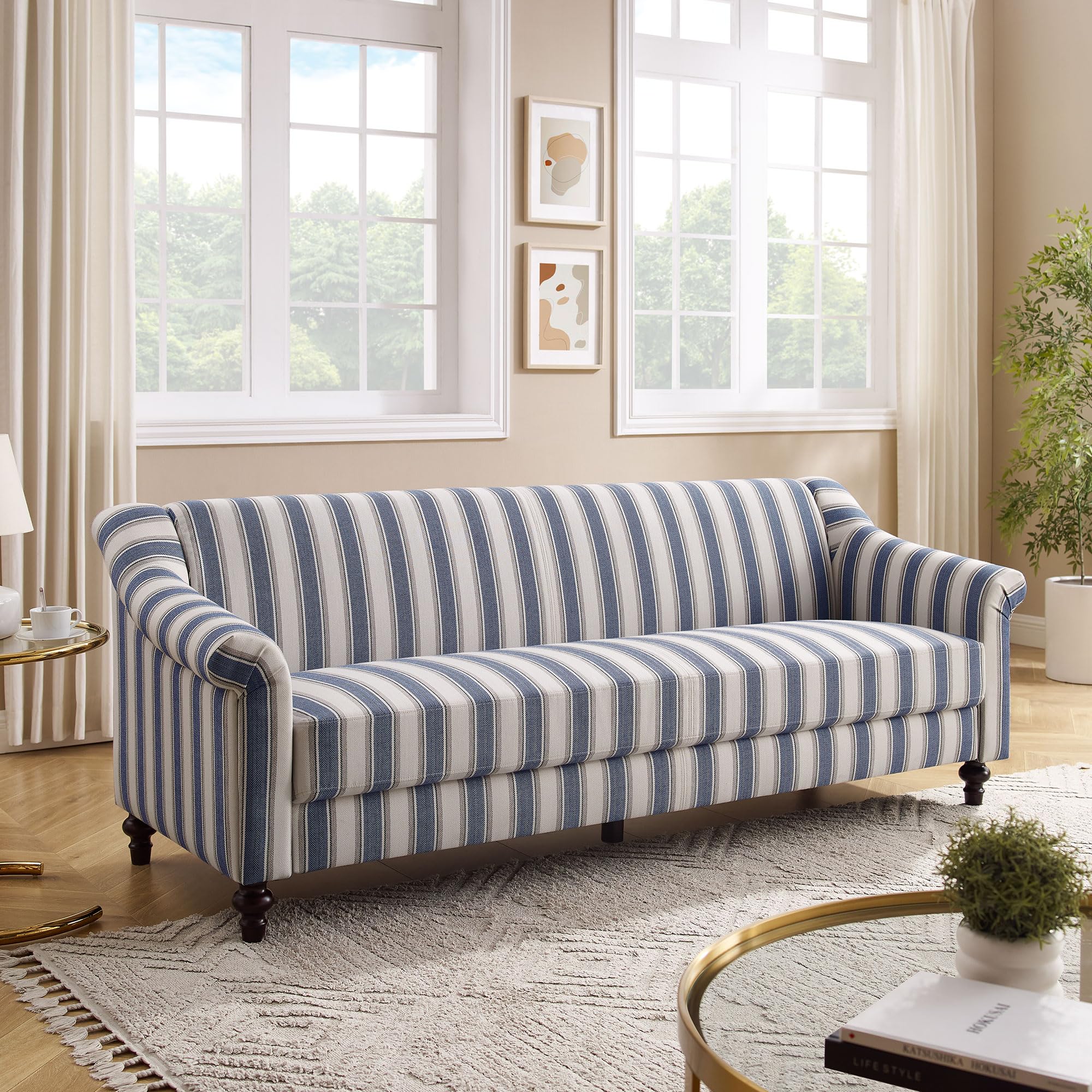 VANOMi 84.25'' Upholstered Sofa with Stripe Pattern, Mid-Century Modern Striped Fabric 3-seat Couch for Living Room, Bedroom, Office, Apartment