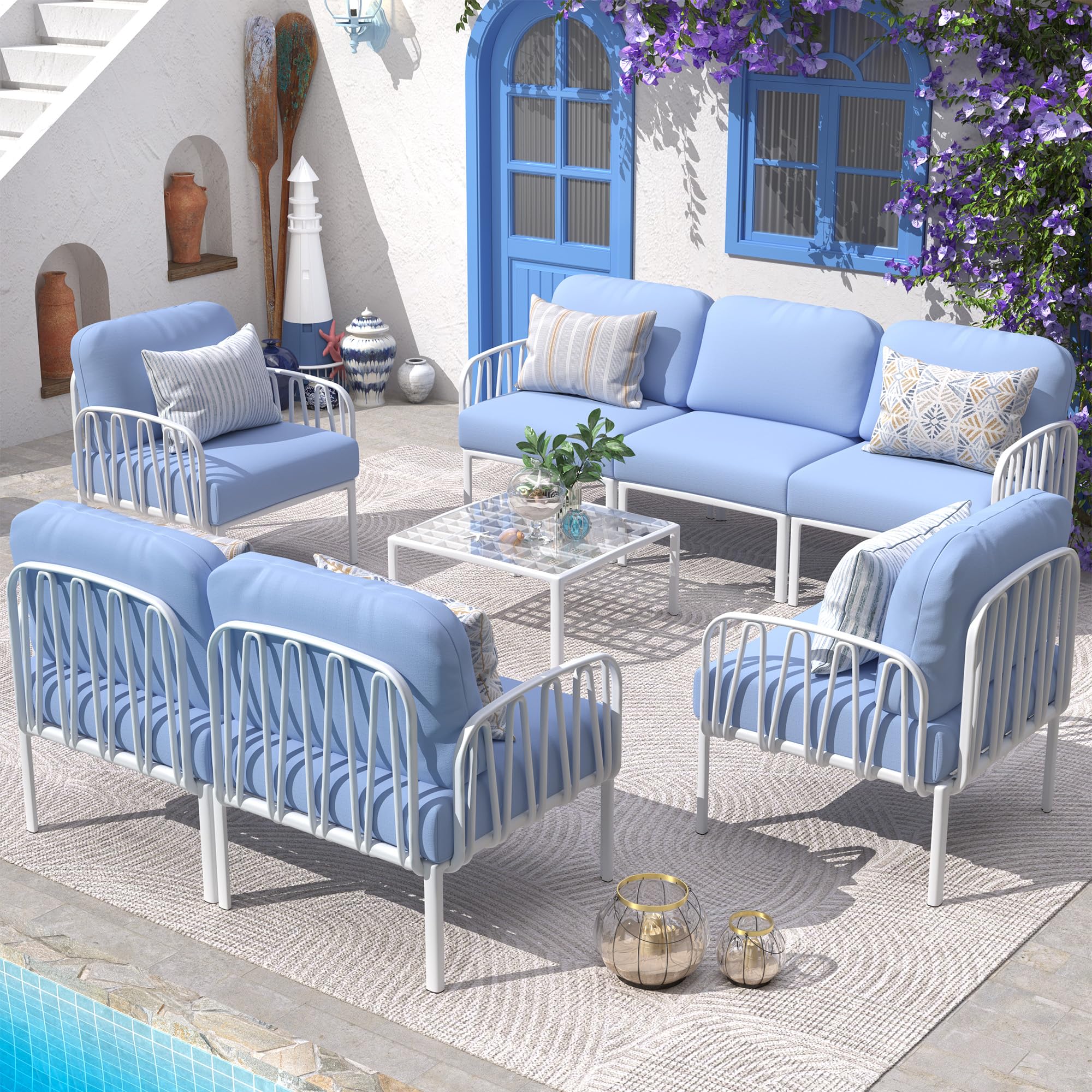 UDPATIO Resin Oversized Patio Furniture Set, Modular DIY Outdoor Sectional Sofa Set, All Weather UV Patio Conversation Set with 5.4'' Thick Cushion for Backyard, Deck, 8pcs Blue White