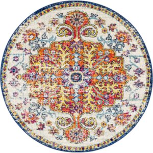 Mark&Day Area Rugs, 4ft Round Olivia Traditional Saffron/Navy Area Rug, Blue Off-White Orange Carpet for Living Room, Bedroom or Kitchen (4' Round)