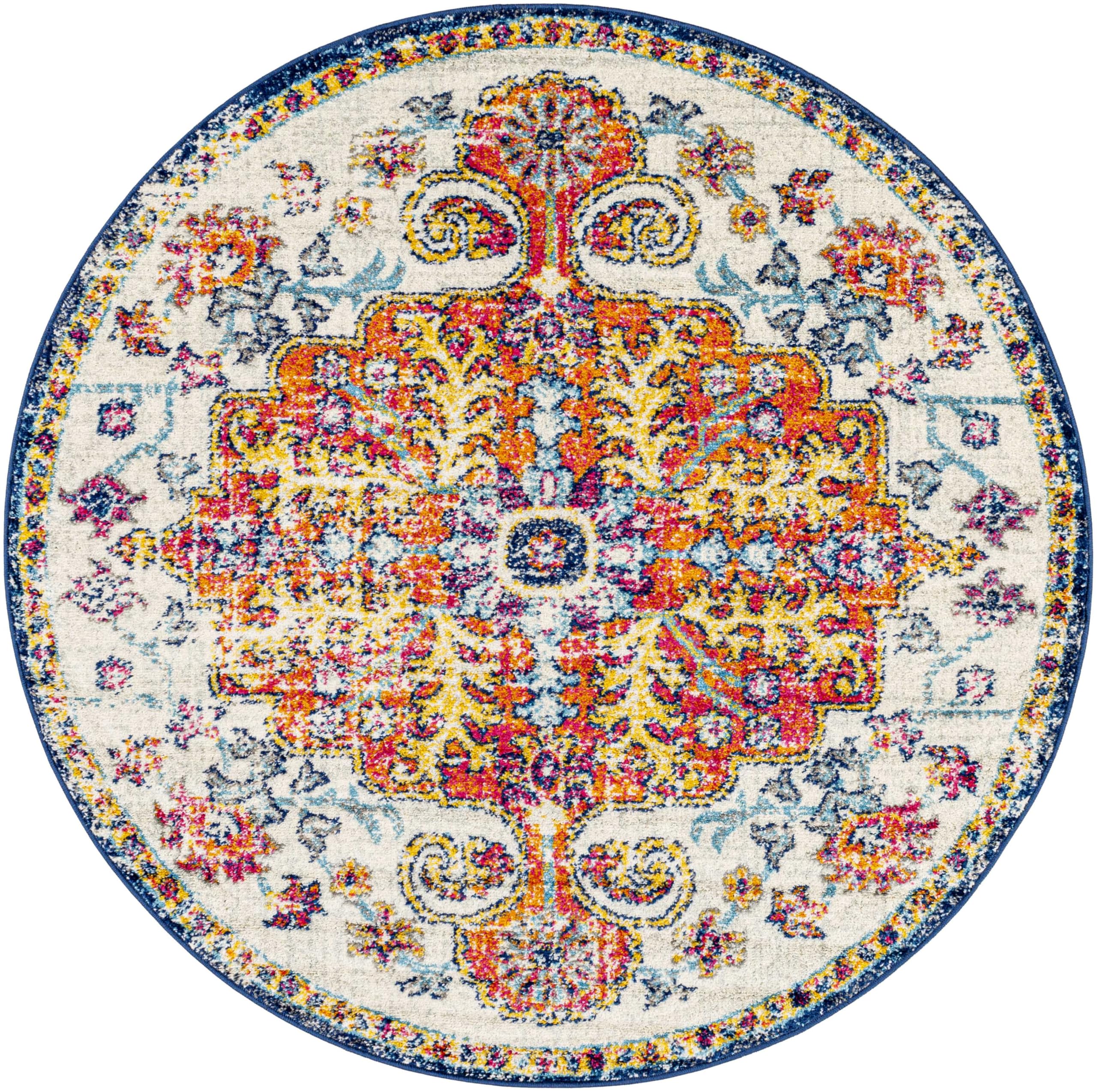 Mark&Day Area Rugs, 4ft Round Olivia Traditional Saffron/Navy Area Rug, Blue Off-White Orange Carpet for Living Room, Bedroom or Kitchen (4' Round)