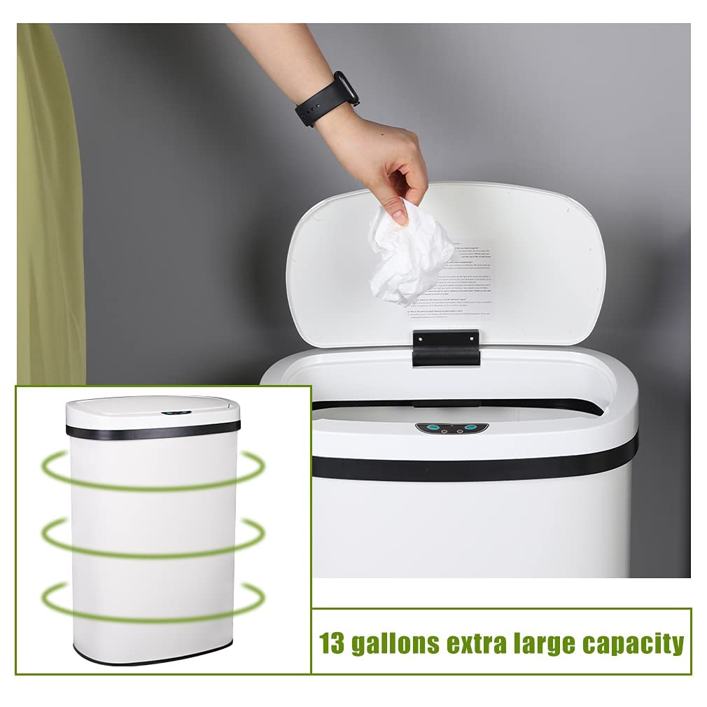 13 Gallon Kitchen Trash Can Automatic Garbage Can with Lid, 50 Liter Trash Bin Touch Free Garbage Bin High-Capacity Brushed Stainless Steel Waste Bin for Bathroom Bedroom Home Office, White