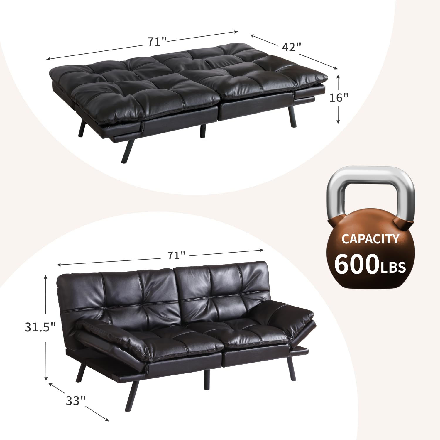 MUUEGM Futon Sofa Bed Small Sofa Futon Couch Loveseat Sleeper Sofa Leather Daybed, 71" Sofabed, 2 Seater Memory Foam Sofa for Small Space, Black