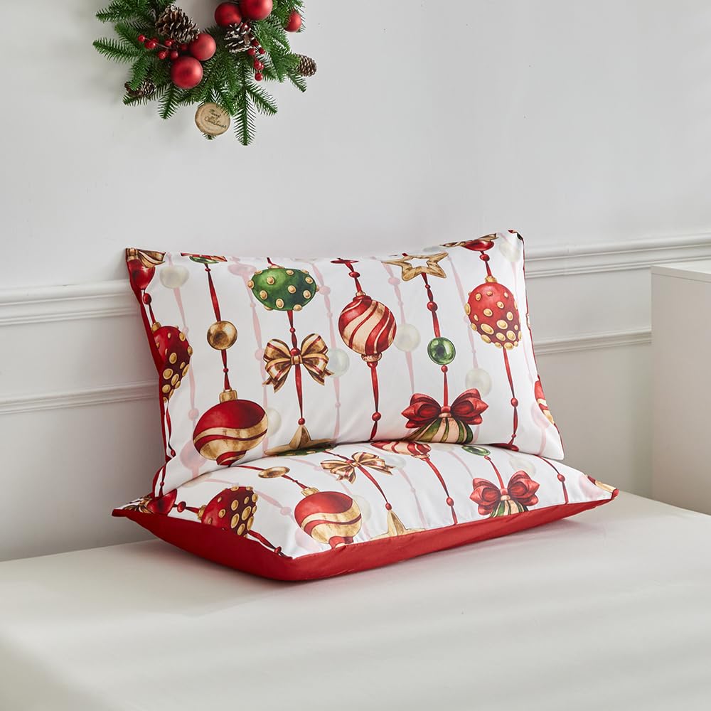 Jolusere Christmas Duvet Cover Queen Size Christmas Themed Duvet Covers White Red Reversible Duvet Cover Set Holiday Decor Bell Bow Tie Pattern Bedding Set for Girls Boys Kids(No Comforter)