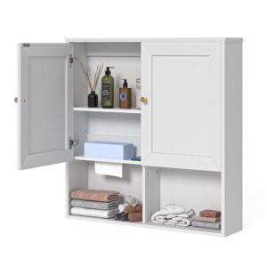 Azheruol Bathroom Wall Cabinet, Medicine Cabinet with 2 Door and Adjustable Shelves,3-Tier Wood Hanging Storage Over The Toilet,White Wall Mounted Cabinet for Bathroom, Kitchen,Laundry Room