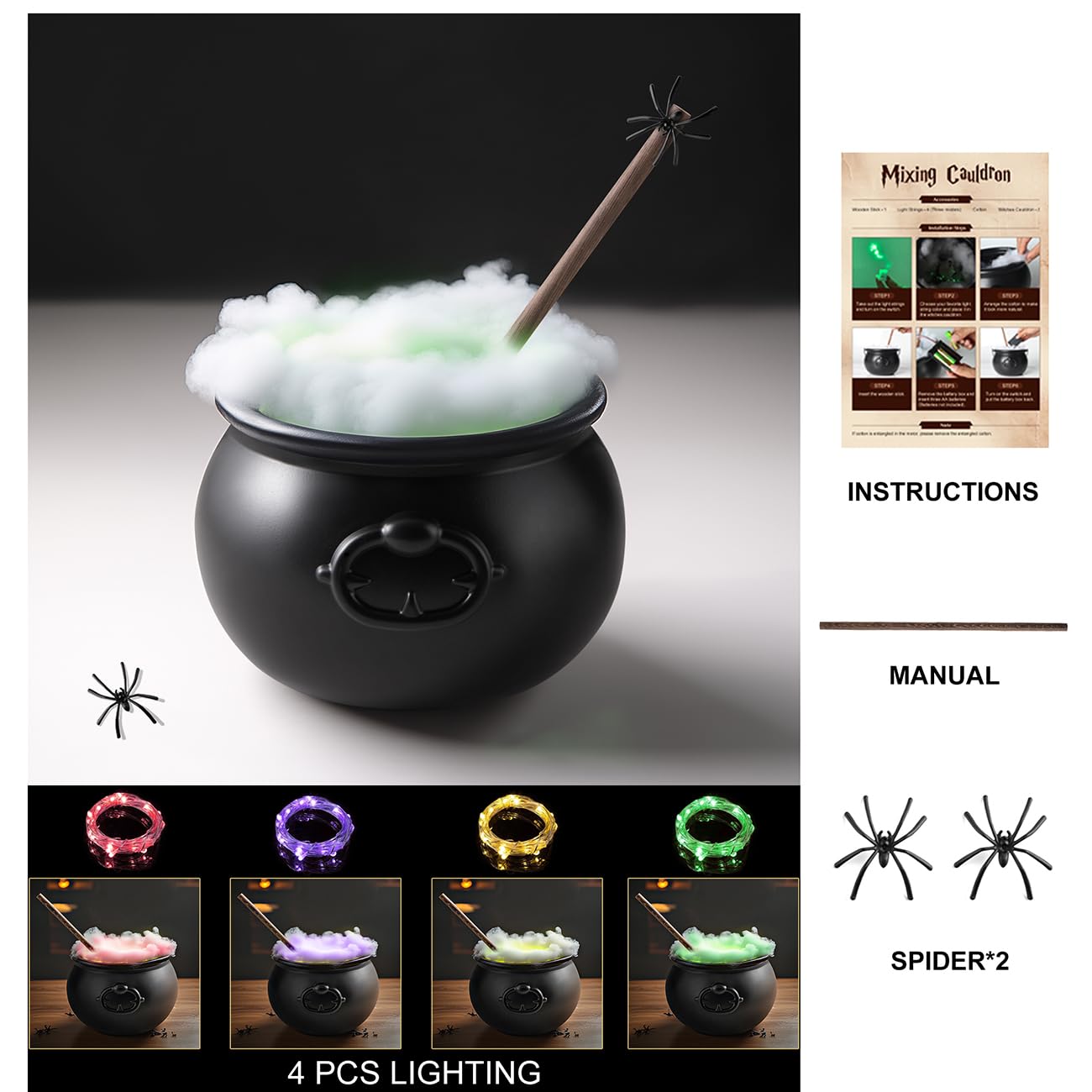 Halloween Decorations Indoor - Magic Auto Stirring Mixing Witches Cauldron Halloween Decor with 4 Light Strings - Black Plastic Witch Bowl Hocus Pocus Party Decoration for Table Home Kitchen Room