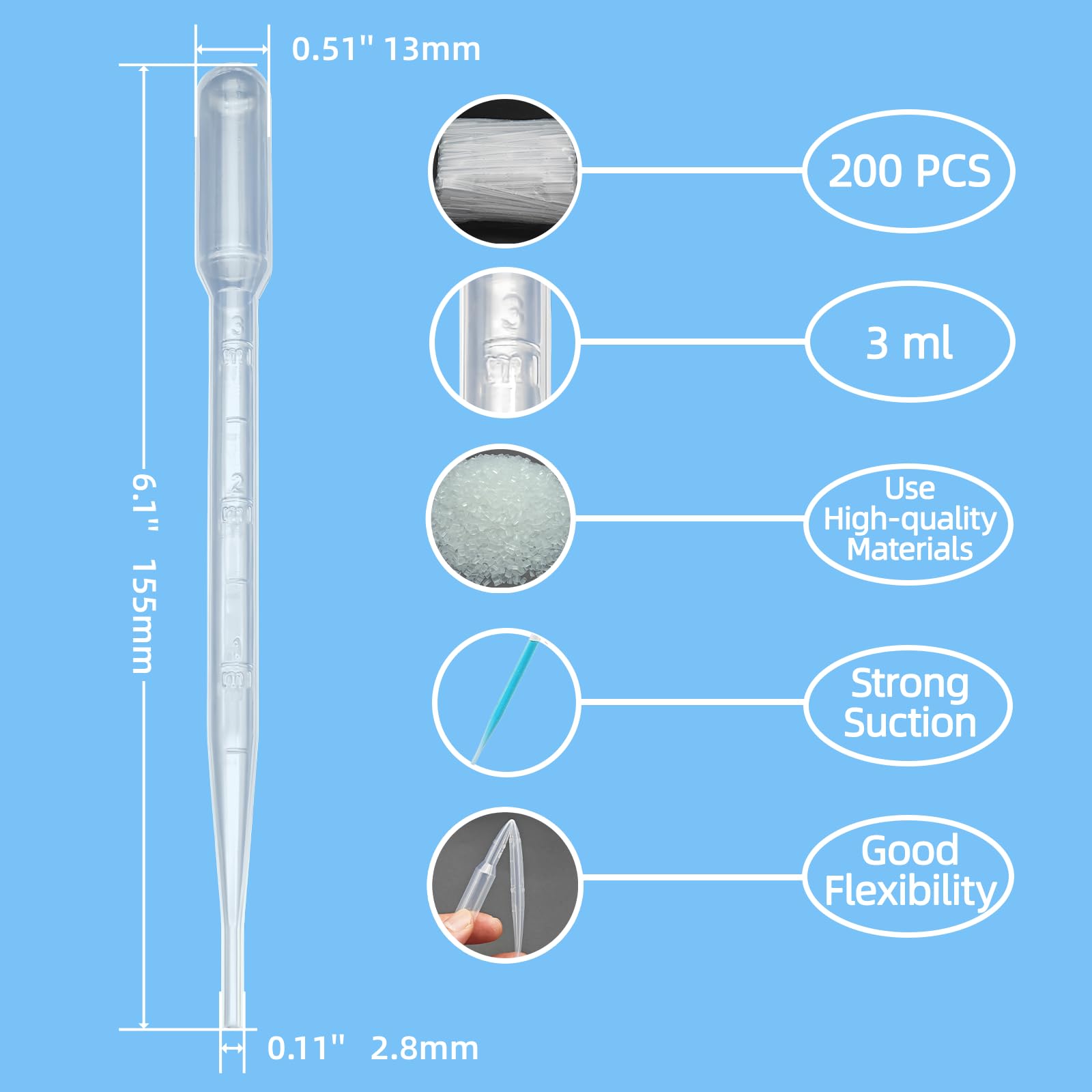 Atdcoek 200 PCS 3ml Disposable Pipette, Pipettes Dropper for for Essential Oils, Resin, Crafts, Labs, Kids Activities - Droppers, Plastic Pipettes