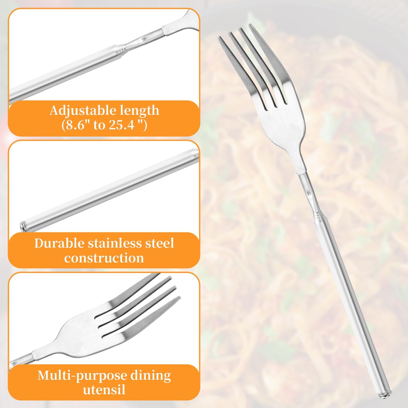 64.6CM Extendable Fork, Stainless Steel Telescoping Retractable Fork Extending Fork Long Fork, Telescopic Long Handled Forks for Eating for Dinner, Fruit, Dessert Fork 8.6" to 25.4"