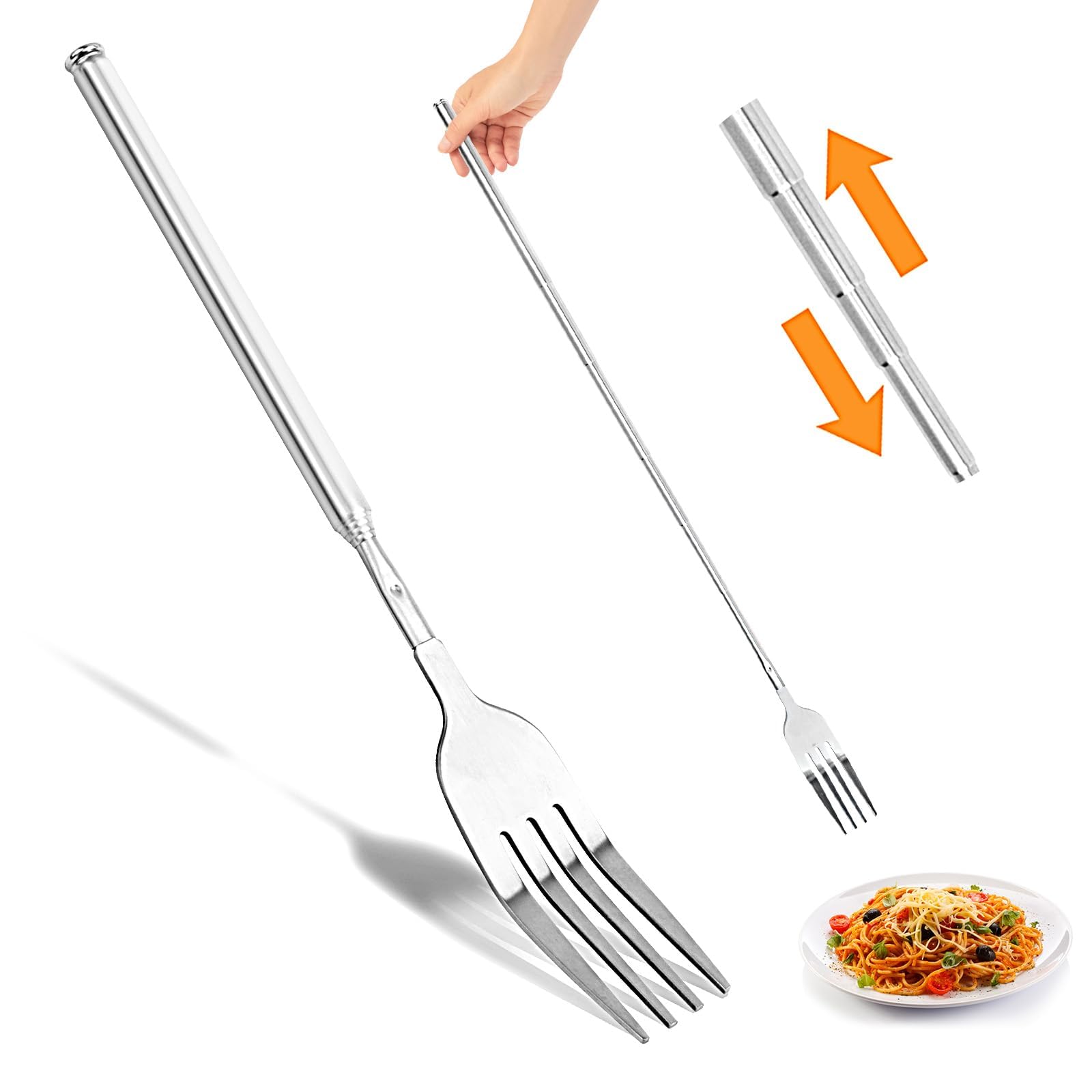 64.6CM Extendable Fork, Stainless Steel Telescoping Retractable Fork Extending Fork Long Fork, Telescopic Long Handled Forks for Eating for Dinner, Fruit, Dessert Fork 8.6" to 25.4"