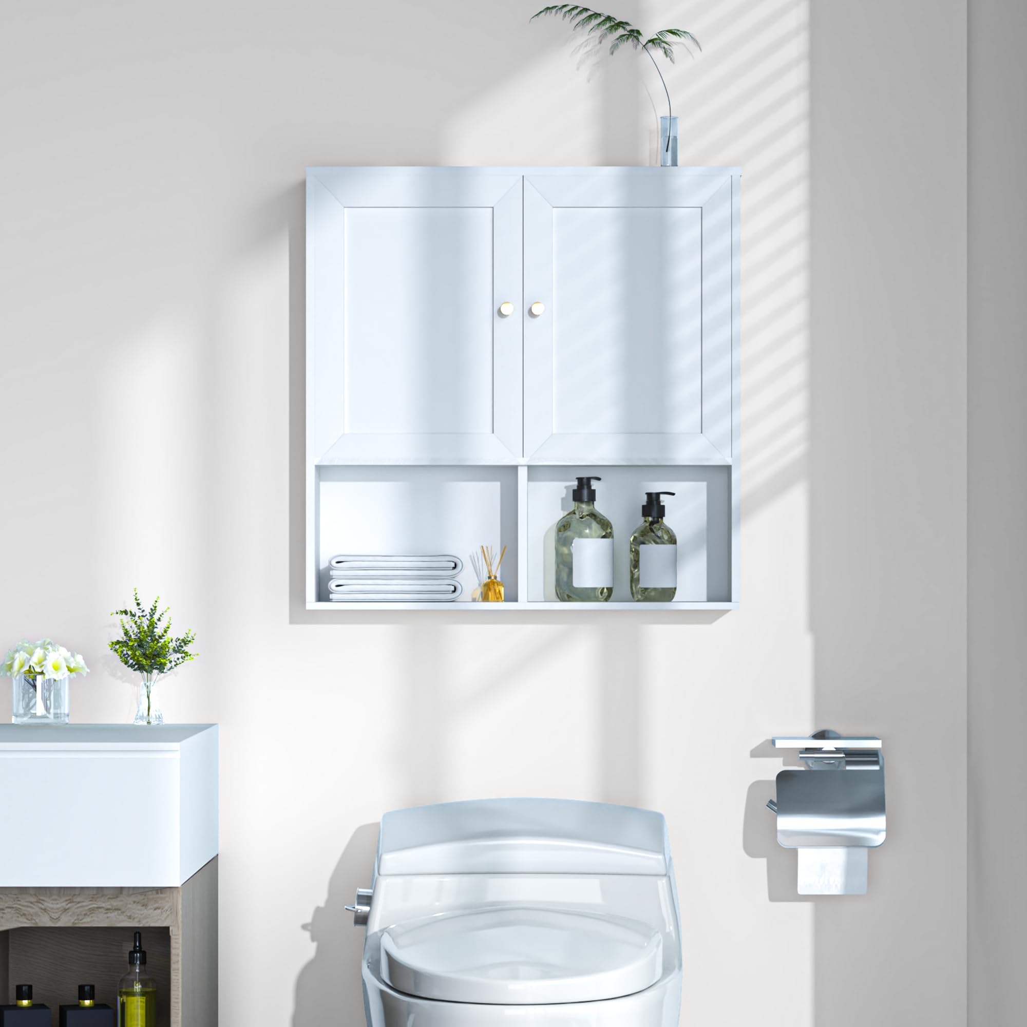 Azheruol Bathroom Wall Cabinet, Medicine Cabinet with 2 Door and Adjustable Shelves,3-Tier Wood Hanging Storage Over The Toilet,White Wall Mounted Cabinet for Bathroom, Kitchen,Laundry Room