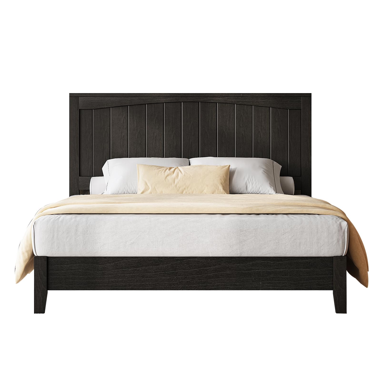 YUMPIE Queen Size Solid Wood Bed Frame with 48" High Headboard, Mid-Century Modern Wooden Platform Bed Frame, Metal & Wooden Slats Support, No Box Spring Needed/Noise Free, Black