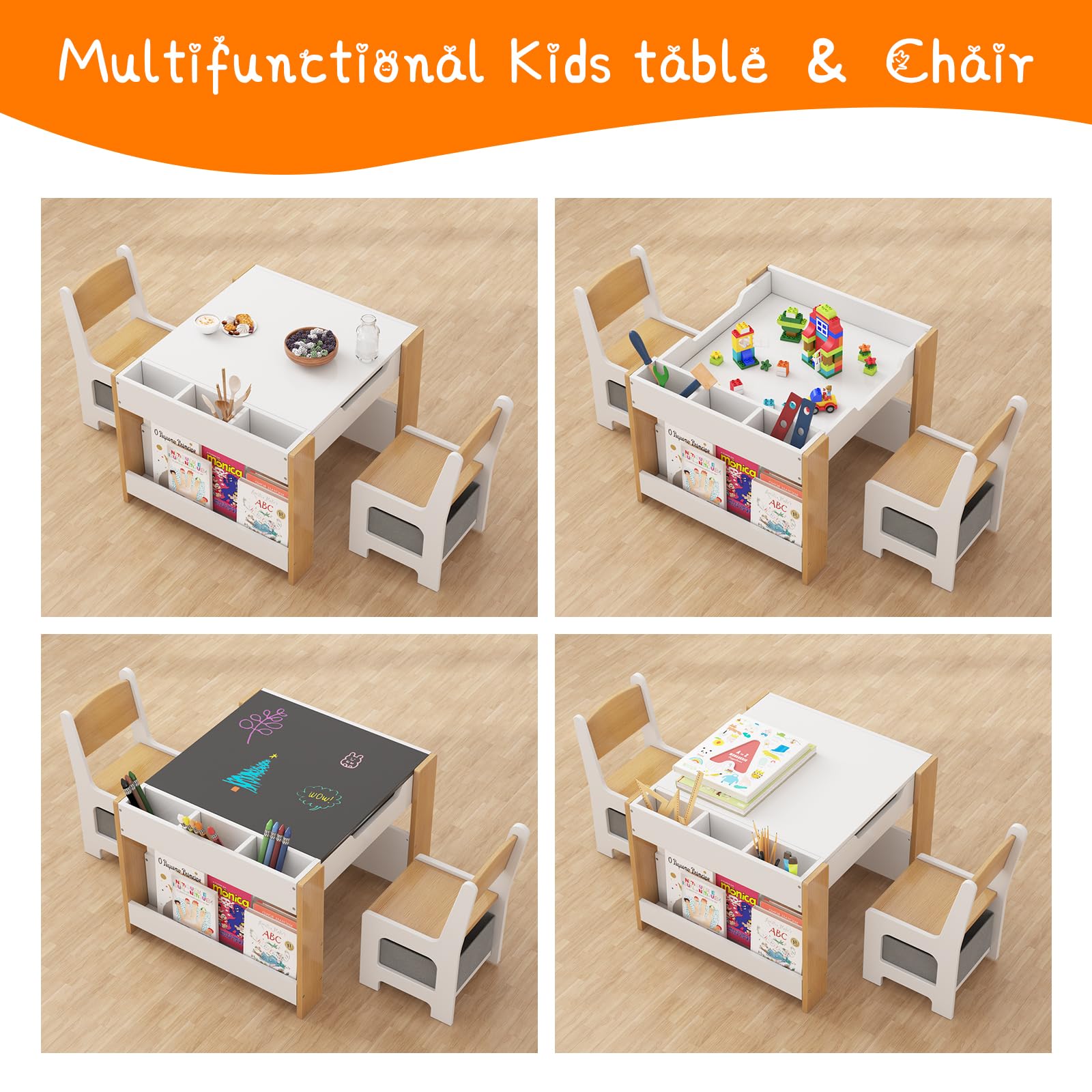 Kids Table and Chair Set, 4 in 1 Wooden Activity Table & 2 Chairs with Storage Drawer Detachable Tabletop for Toddlers Kids Drawing, Reading, Crafts, Art,Homework, Nursery, Playroom