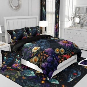 Erosebridal Crow Comforter Cover Full Size, Halloween Raven Bedding Set for Kids Teens Adult Women, Black Bird Animal Duvet Cover Flower Daisy Floral Quilt Cover Rustic Farmhouse Decoration