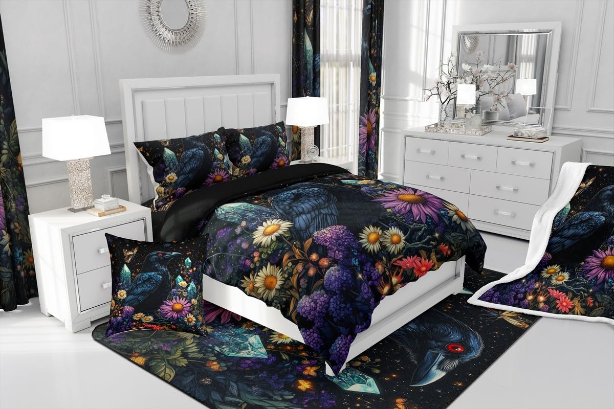 Erosebridal Crow Comforter Cover Full Size, Halloween Raven Bedding Set for Kids Teens Adult Women, Black Bird Animal Duvet Cover Flower Daisy Floral Quilt Cover Rustic Farmhouse Decoration