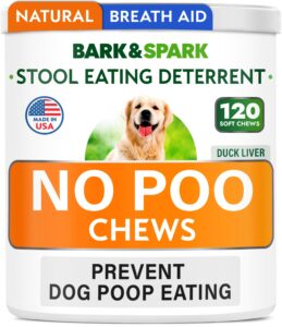 bark&spark no poo chews for dogs - coprophagia & stool eating deterrent with probiotics, digestive enzymes & breath aid support - stop dog poop eating - made in usa - 120 soft chews - duck liver