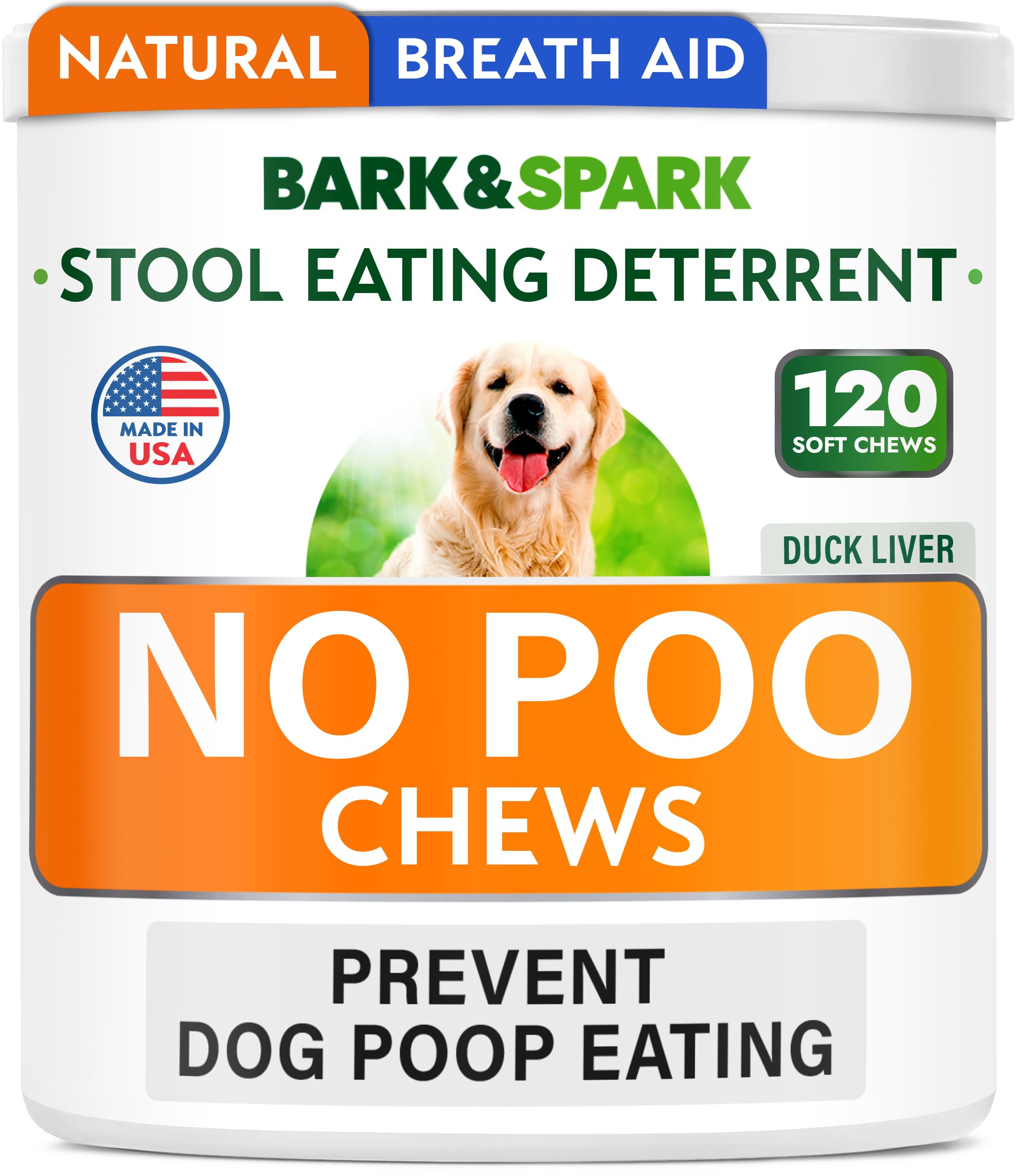 BARK&SPARK No Poo Chews for Dogs - Coprophagia & Stool Eating Deterrent with Probiotics, Digestive Enzymes & Breath Aid Support - Stop Dog Poop Eating - Made in USA - 120 Soft Chews - Duck Liver