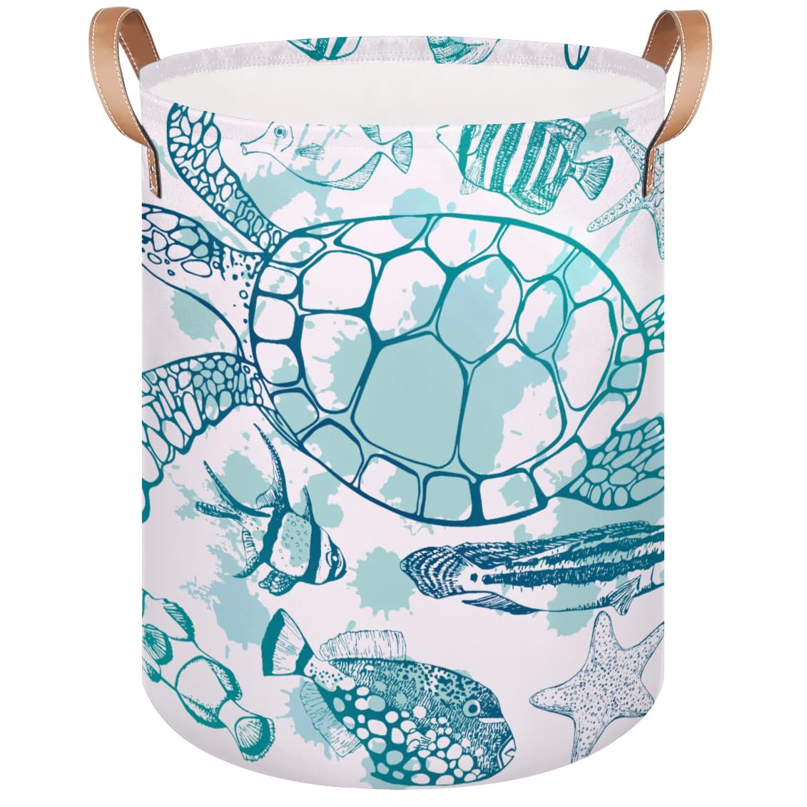 LLCXCSI Large Laundry Hamper Basket, Round Collapsible Storage Organizer Bin for Kids, Boys, Nursery, Closet, Bedroom, Playroom, Toys, Dirty Clothes, 16" W x 20" H (Sea Turtle Ocean Theme)