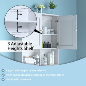 Azheruol Bathroom Wall Cabinet, Medicine Cabinet with 2 Door and Adjustable Shelves,3-Tier Wood Hanging Storage Over The Toilet,White Wall Mounted Cabinet for Bathroom, Kitchen,Laundry Room