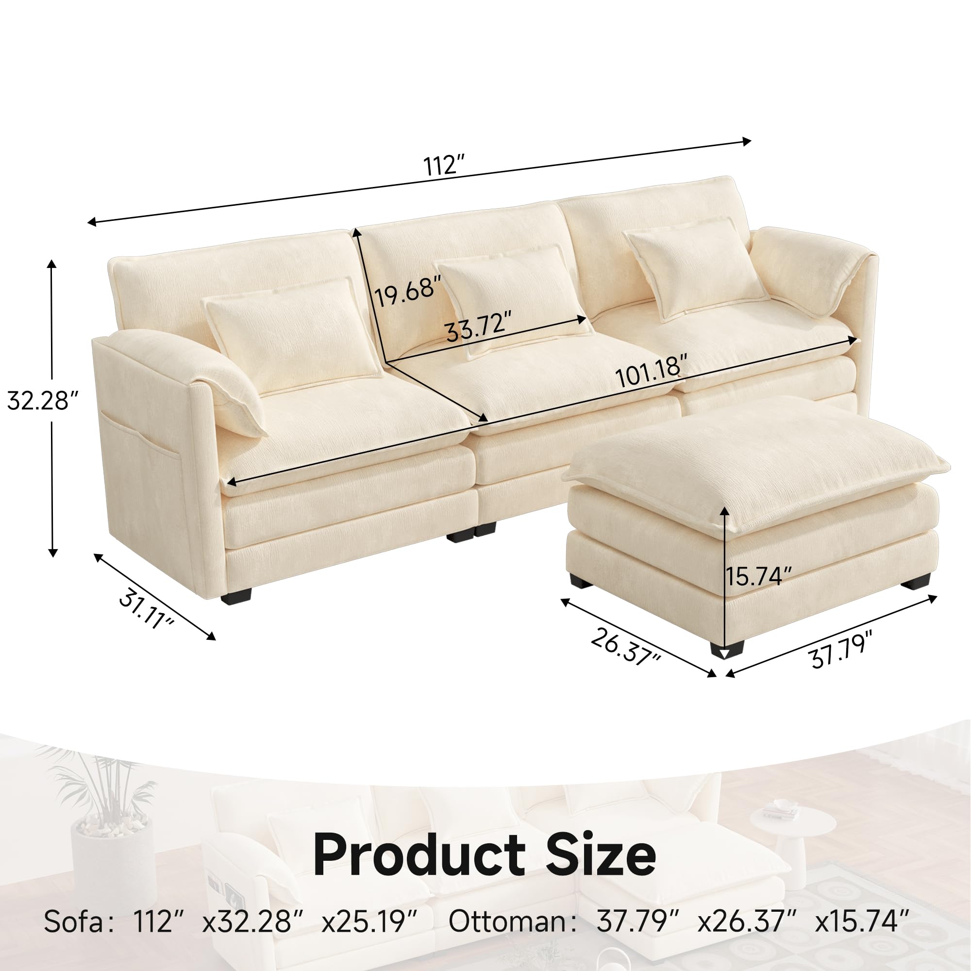 Winlice 112'' Sectional Sofa, L-Shaped Modular Couch with Double Layer Cushions and Movable Ottoman for Apartments, Living Room and Commercial Space, Beige