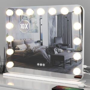 ajjssa vanity mirror with lights, 23"×18" hollywood vanity mirror with lights 15 dimmable led bulbs, 3 color modes, 10x magnification, usb charging port, tabletop or wall-mounted (white, 23 * 18)