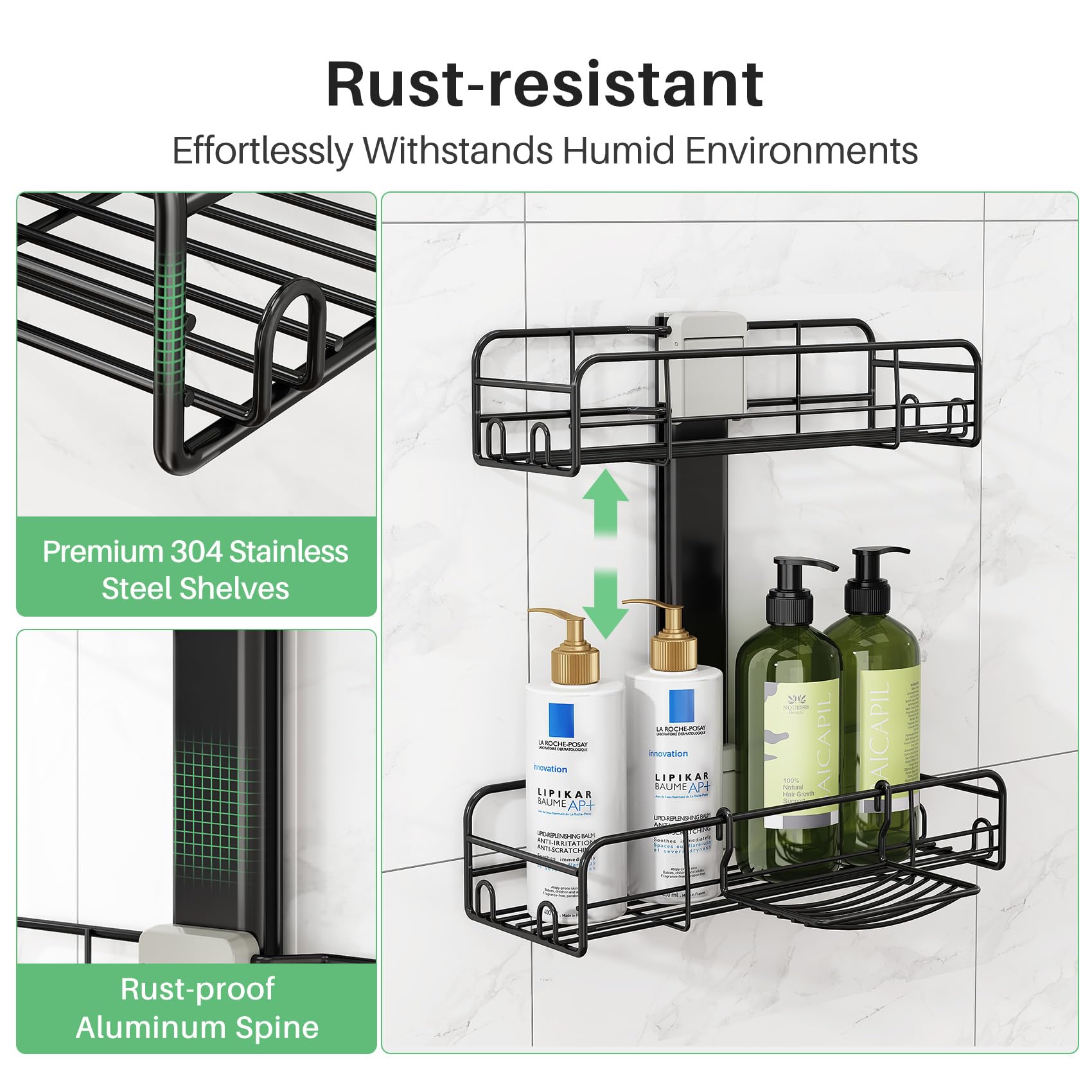 Kitstorack Hanging Shower Caddy - Adjustable Shower Organizer with Soap Dish Rustproof Stainless Steel Shelf & Aluminum Spine No Drilling Shower Shelves for Bathroom Organizers and Storage