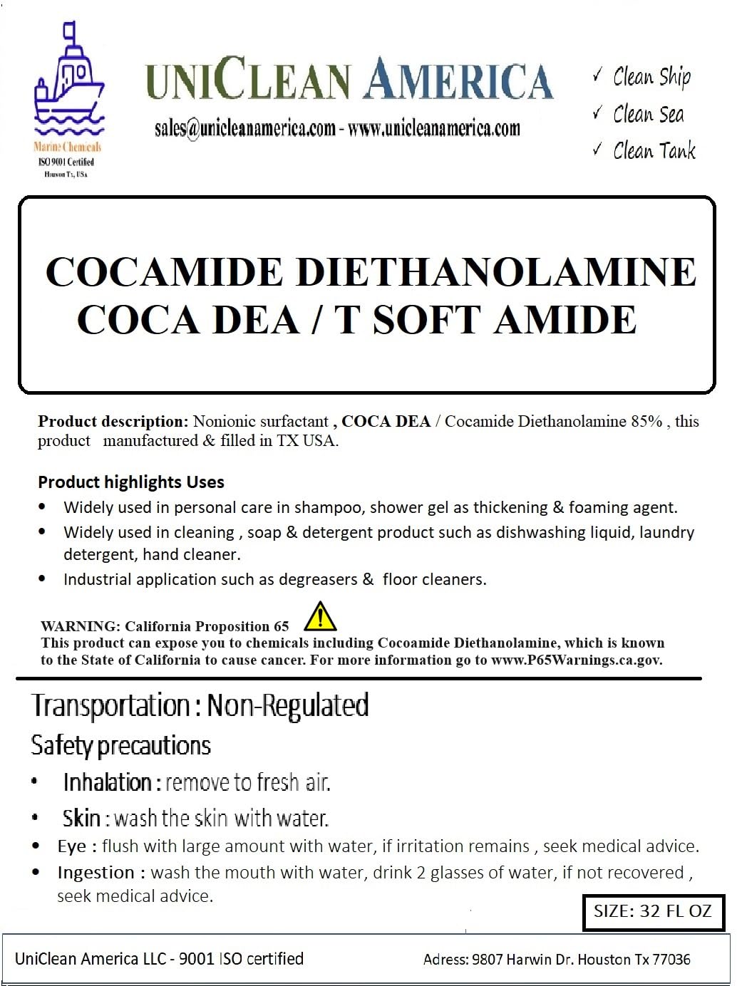 Cocamide Diethanolamine - COCA DEA - Cocamide DEA 85% - UniClean America - Made in USA - Size: 16 fl oz