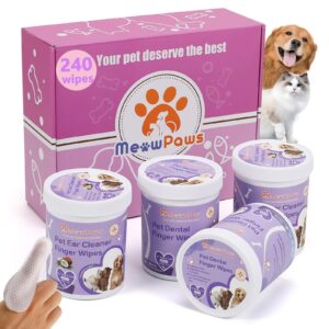 meowpaws dog teeth cleaning wipes and ear wipes 240 counts gift packaging, pet dental finger wipes for dogs and pet ear cleaner finger wipes, gently remove ear wax and reduces plaque, freshen breath