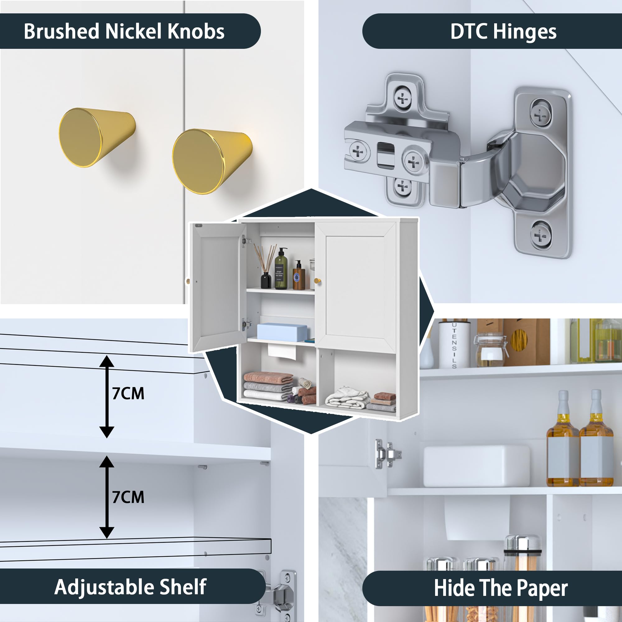 Azheruol Bathroom Wall Cabinet, Medicine Cabinet with 2 Door and Adjustable Shelves,3-Tier Wood Hanging Storage Over The Toilet,White Wall Mounted Cabinet for Bathroom, Kitchen,Laundry Room