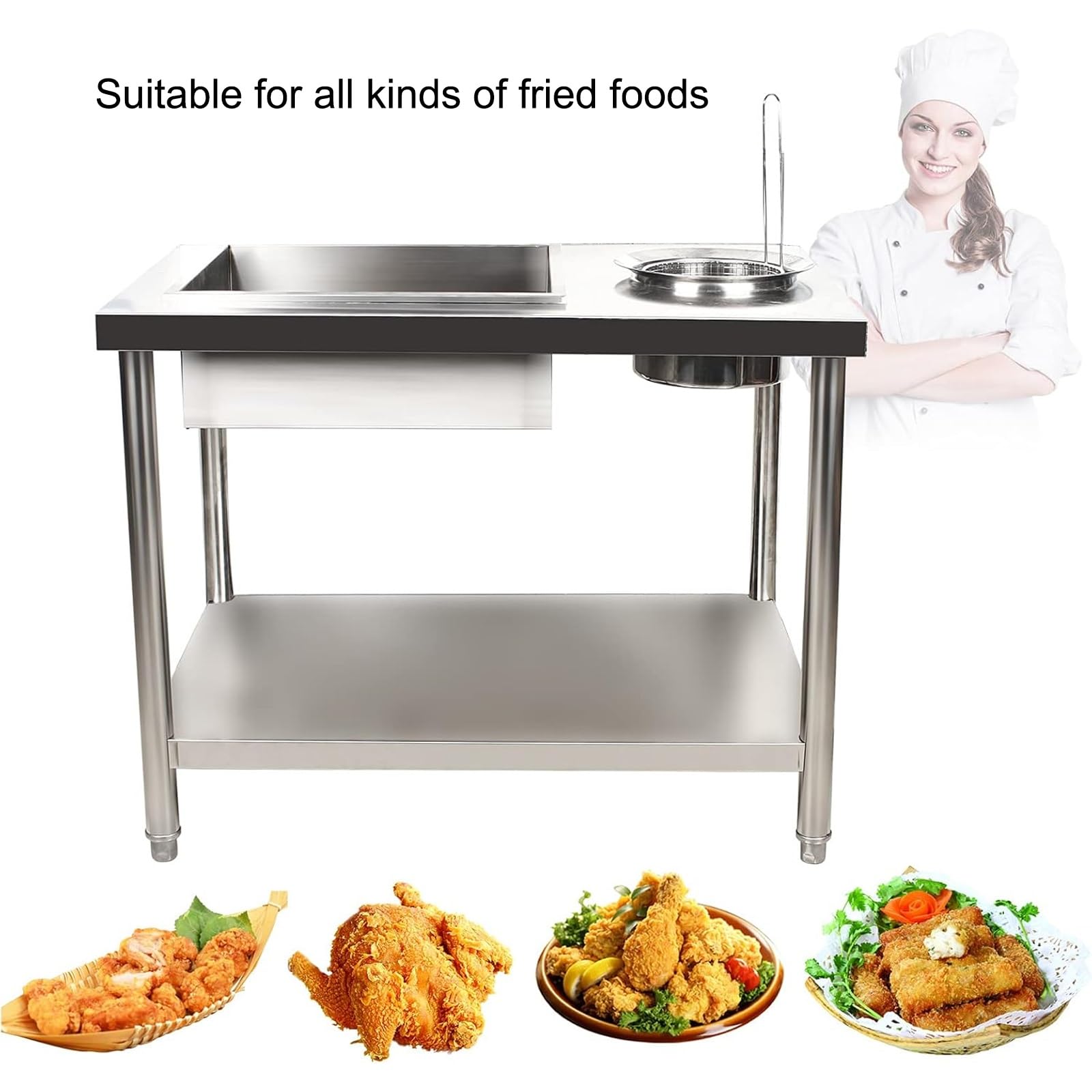 Stainless Steel Breading Table, Fried Food Prep Breader Station with Baskets, Breading Table Fried chicken FishFood Prep Station, for Chicken Fish Vegetable Fry