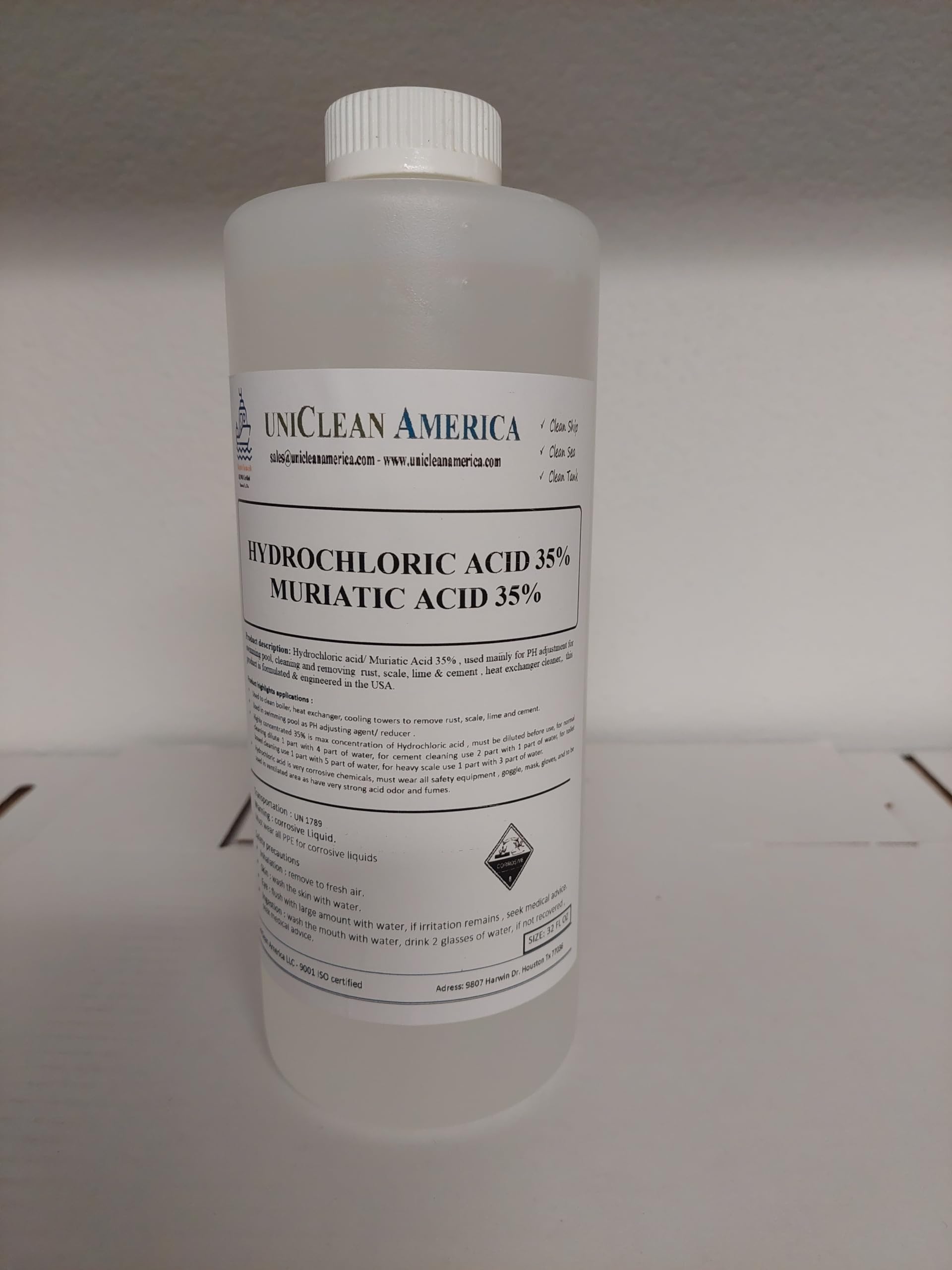 Hydrochloric Acid 35% I Muriatic Acid 35% concentrrate I HCL I for All Acid Cleaning Rust & scal Removing I Swimming Pool PH Reducer - Made in USA - Size: 16 fl lz