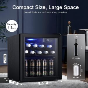 Antarctic Star 12 Bottle 48 Can Wine Cooler Beverage Refrigerator Mini Fridge Low Noise Clear Glass Door Counter Top Cellar for Beer Soda Bar 1.3 cu.ft Black