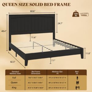 YUMPIE Queen Size Solid Wood Bed Frame with 48" High Headboard, Mid-Century Modern Wooden Platform Bed Frame, Metal & Wooden Slats Support, No Box Spring Needed/Noise Free, Black