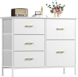 yilqqper dresser for bedroom with 5 drawers, dresser tv stand for 45" tv, wide bedroom dresser storage organizers, fabric chest of drawers, dresser for living room, closet, white