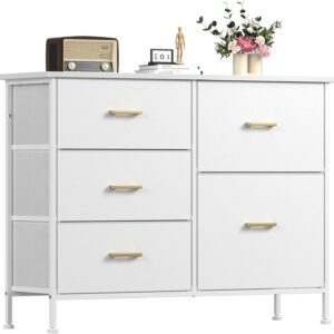 YILQQPER Dresser for Bedroom with 5 Drawers, Dresser TV Stand for 45" TV, Wide Bedroom Dresser Storage Organizers, Fabric Chest of Drawers, Dresser for Living Room, Closet, White