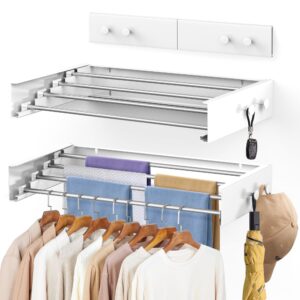 crjkij wall mounted laundry drying rack for clothes - foldable conceal drying rack，4 stainless rods heaving 48 lb capacity (white, 23.6")