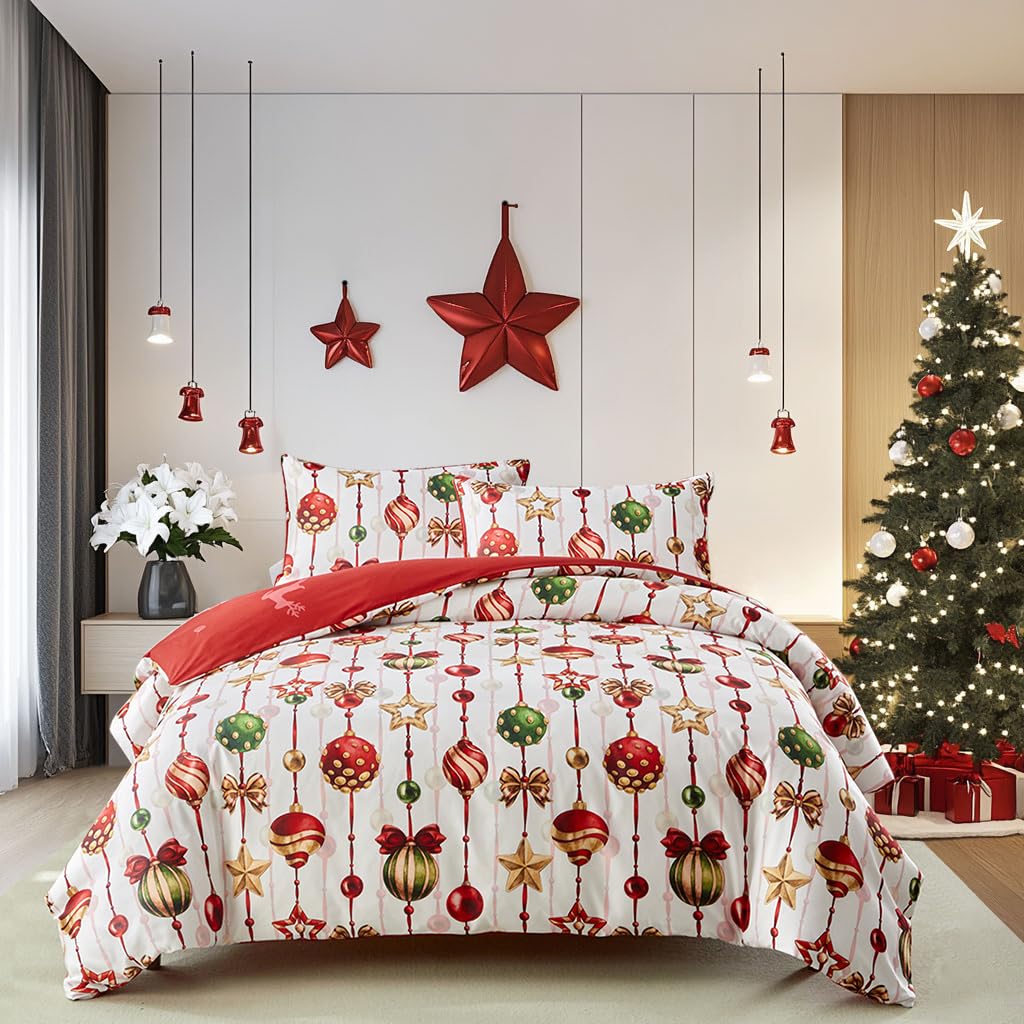 Jolusere Christmas Duvet Cover Queen Size Christmas Themed Duvet Covers White Red Reversible Duvet Cover Set Holiday Decor Bell Bow Tie Pattern Bedding Set for Girls Boys Kids(No Comforter)